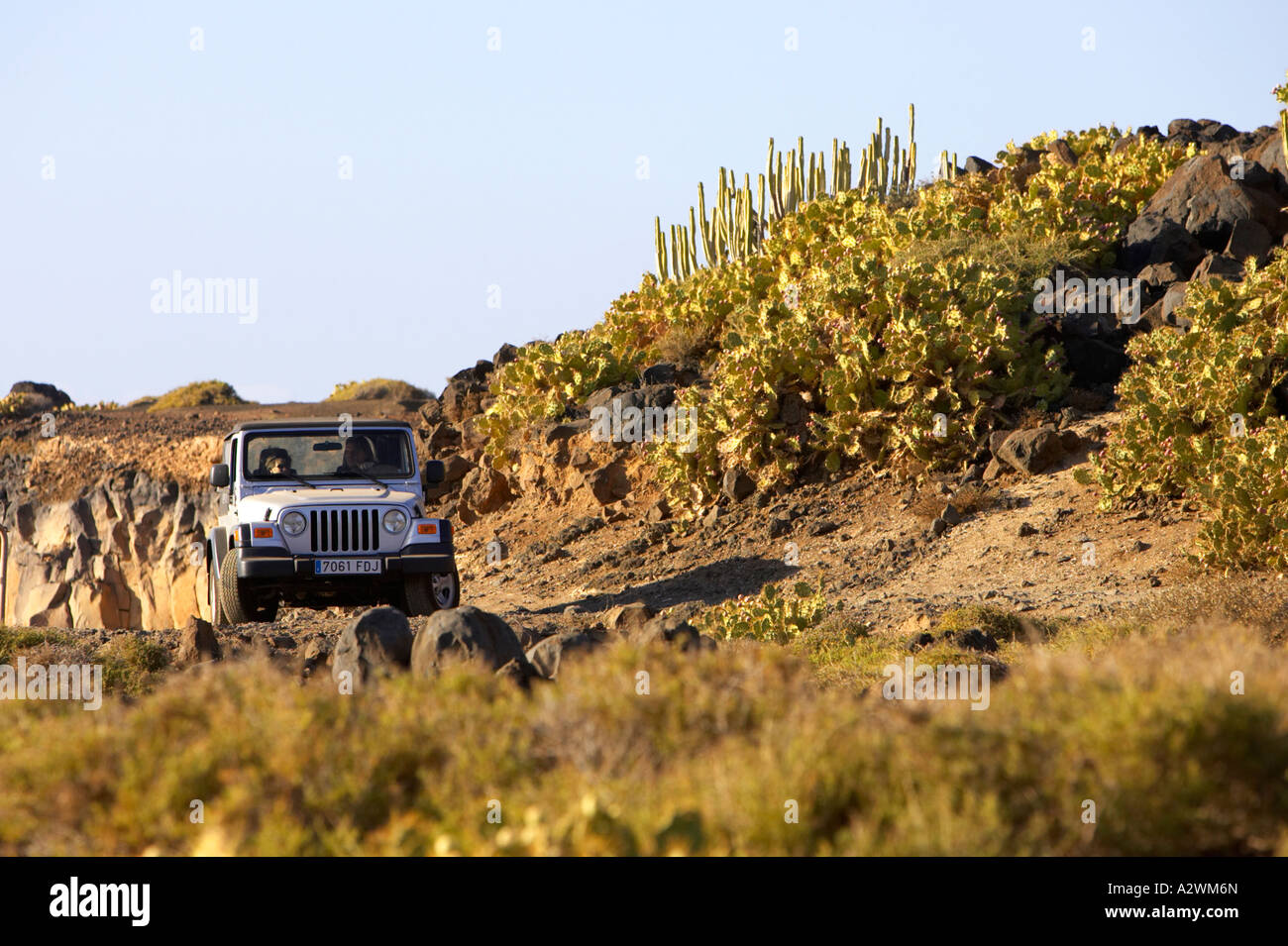 Soft top Wrangler Jeep sport 4x4 driving off road on dirt track through ...