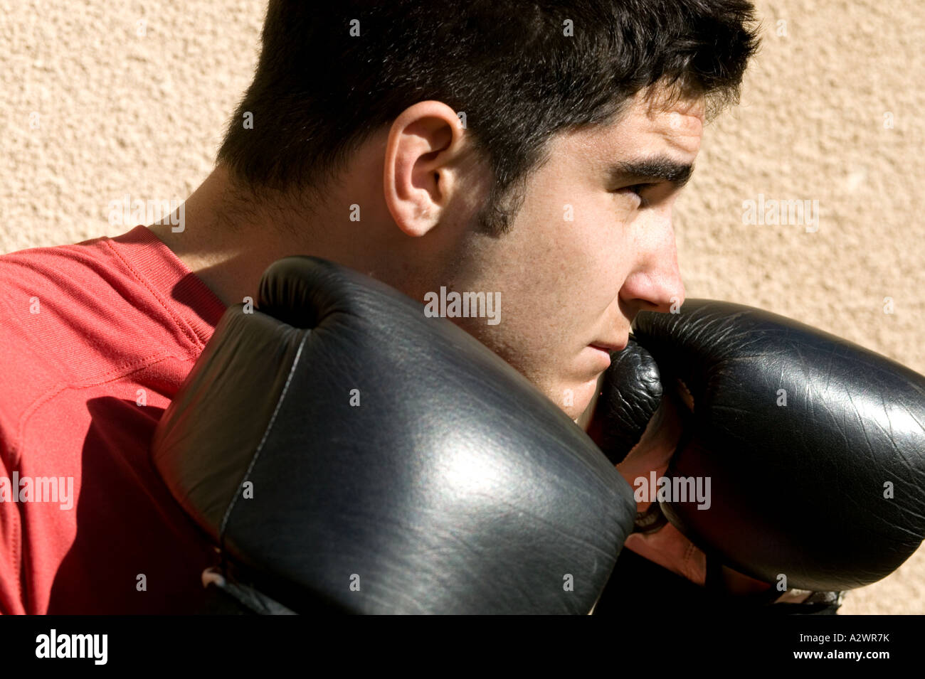 Young man wearing boxing gloves, side view Stock Photo - Alamy
