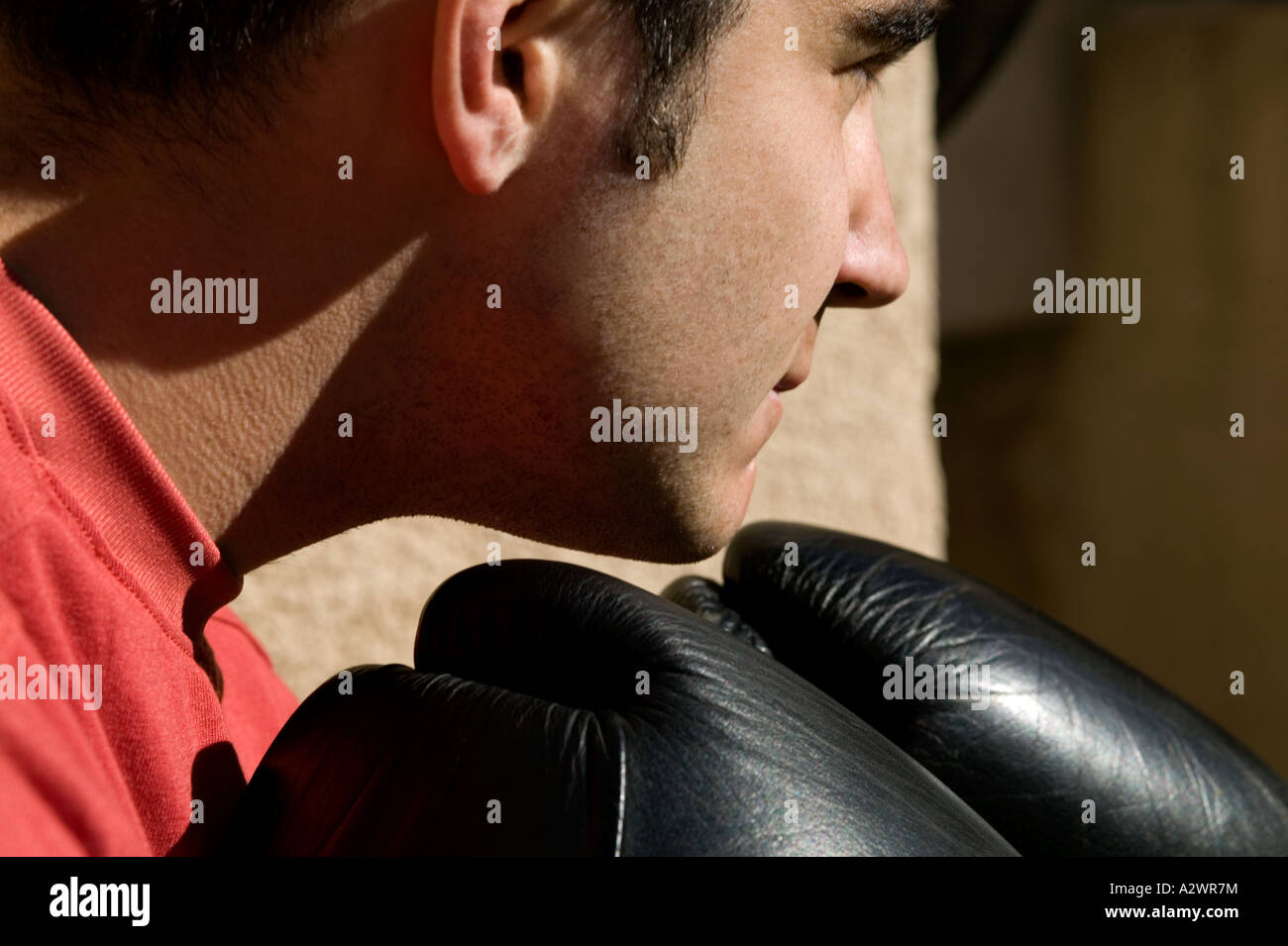 Young man wearing boxing gloves, side view Stock Photo - Alamy