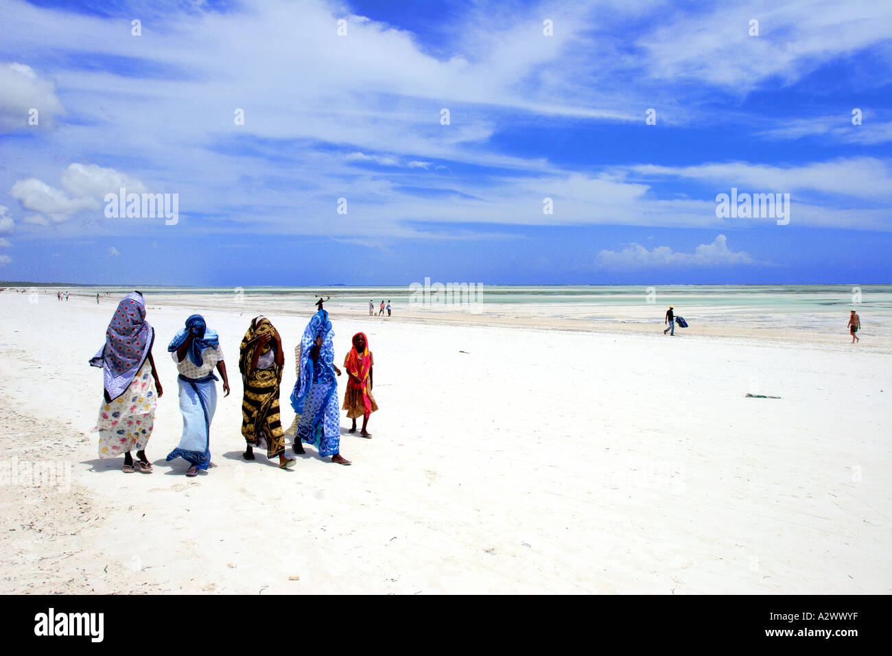 Africa Tanzania Zanzibar Island muslim women walking along the beach ...
