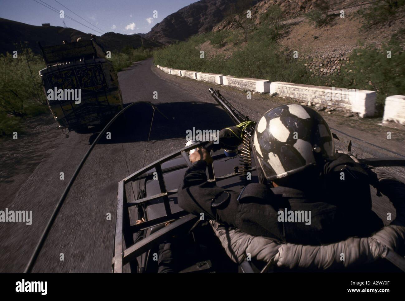 Khyber Pass, Pakistan, 1990; Pakistani troops man a machine gun ...