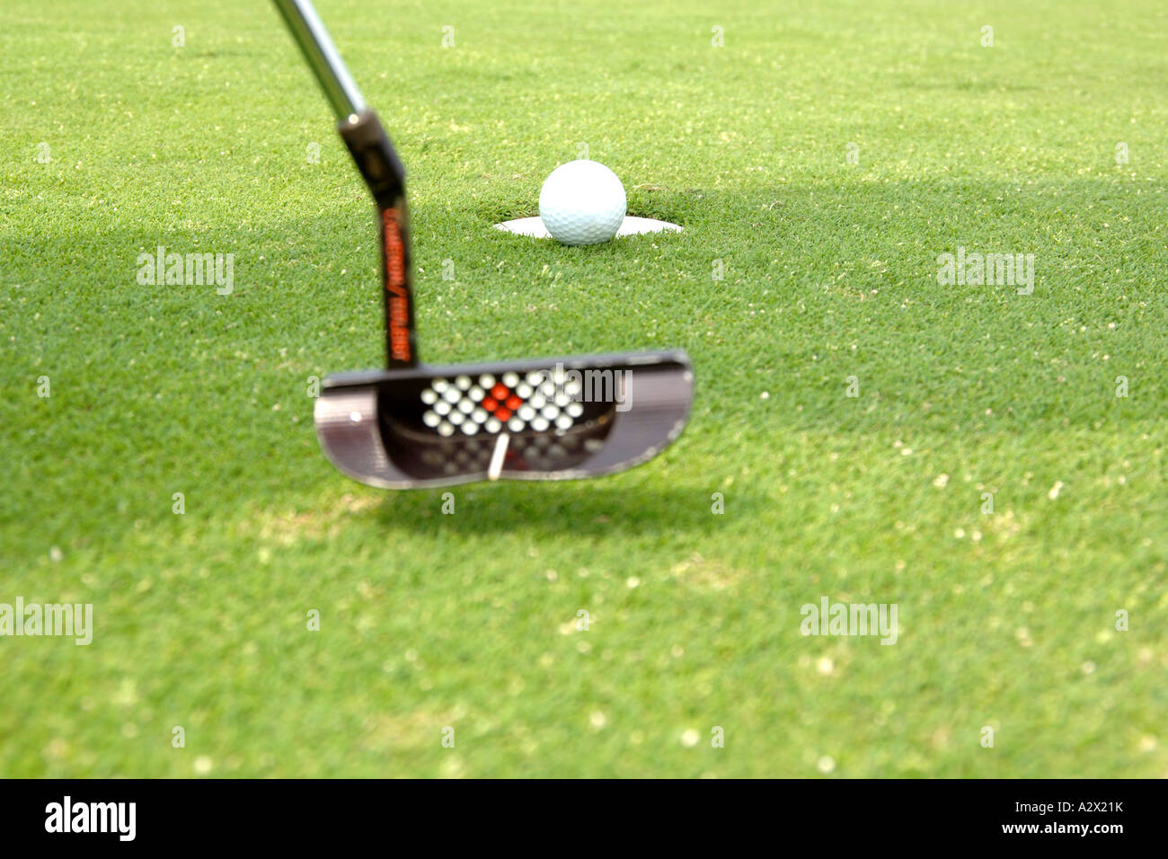 Low view from behind the putter as it hits a golf ball towards the hole ...