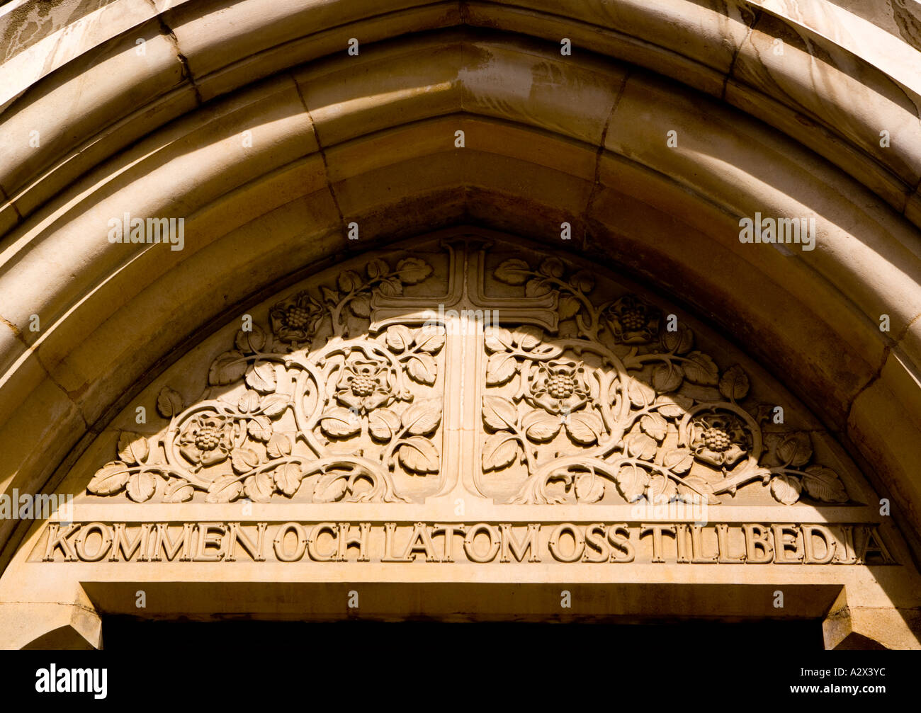 Carved stonework over main entrance of The Swedish Church in Harcourt ...