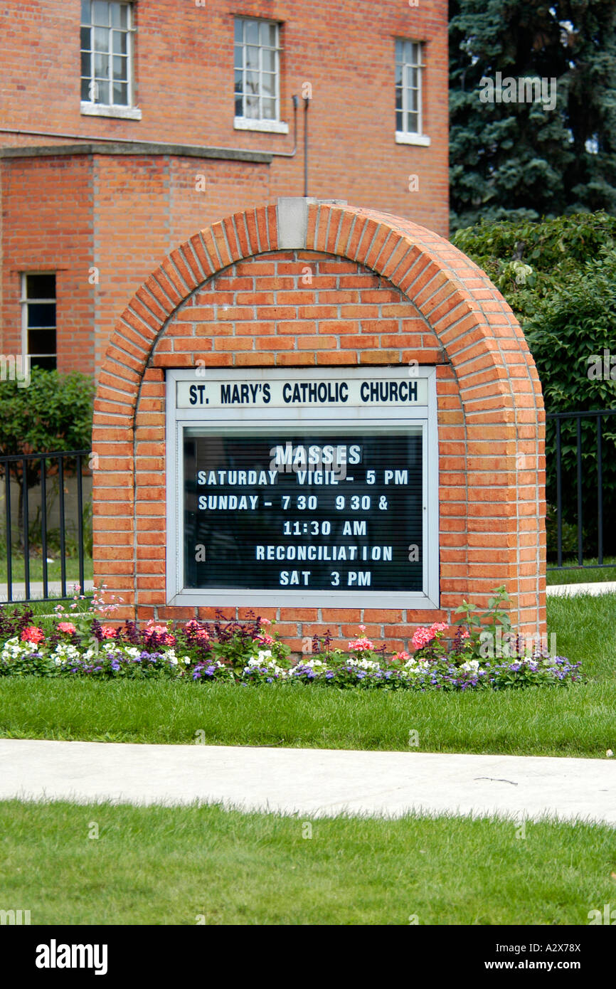 St. Mary's catholic Church times of Mass sign, Monroe MI Stock Photo ...