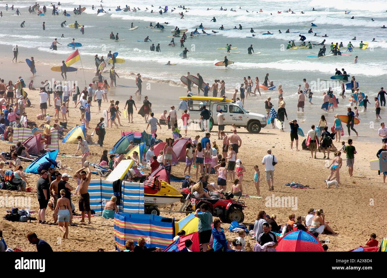 Activity at Fistral Beach Newquay in Cornwall England UK on a busy ...
