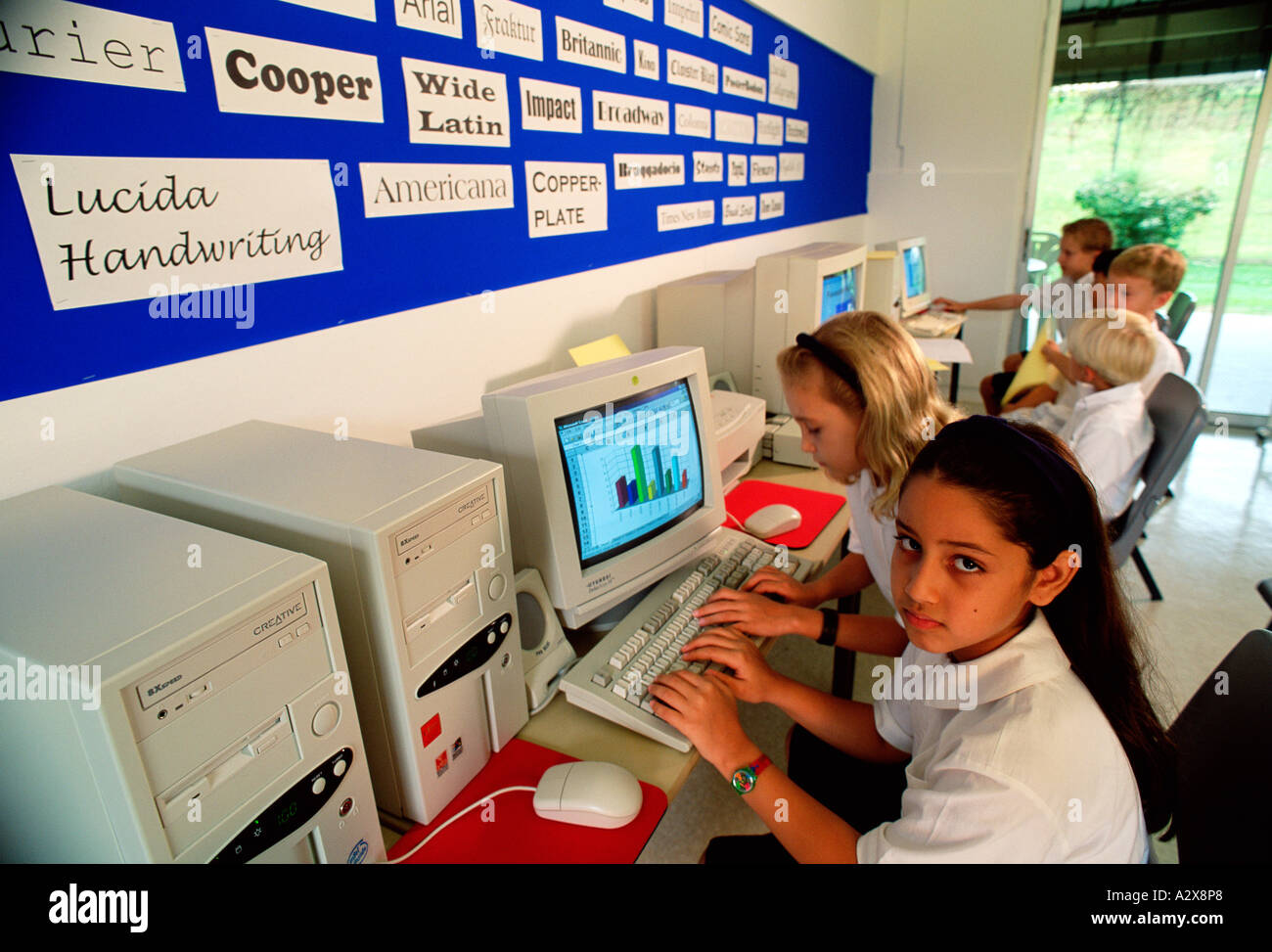 Lifestyle. Schoolchildren still using old computers with crt screens in ...