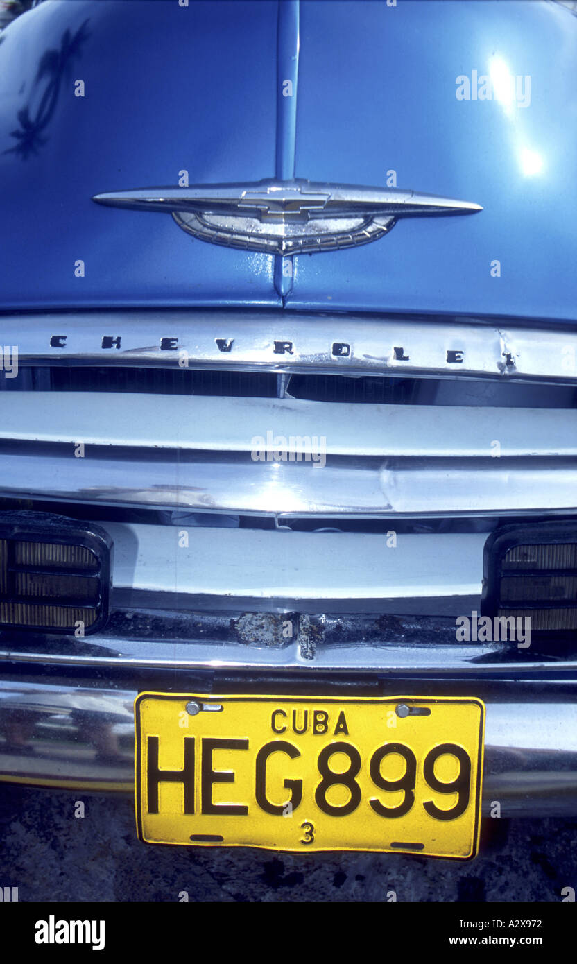 HAVANA CUBA Front vertical view of an old blue Chevrolet car with the ...