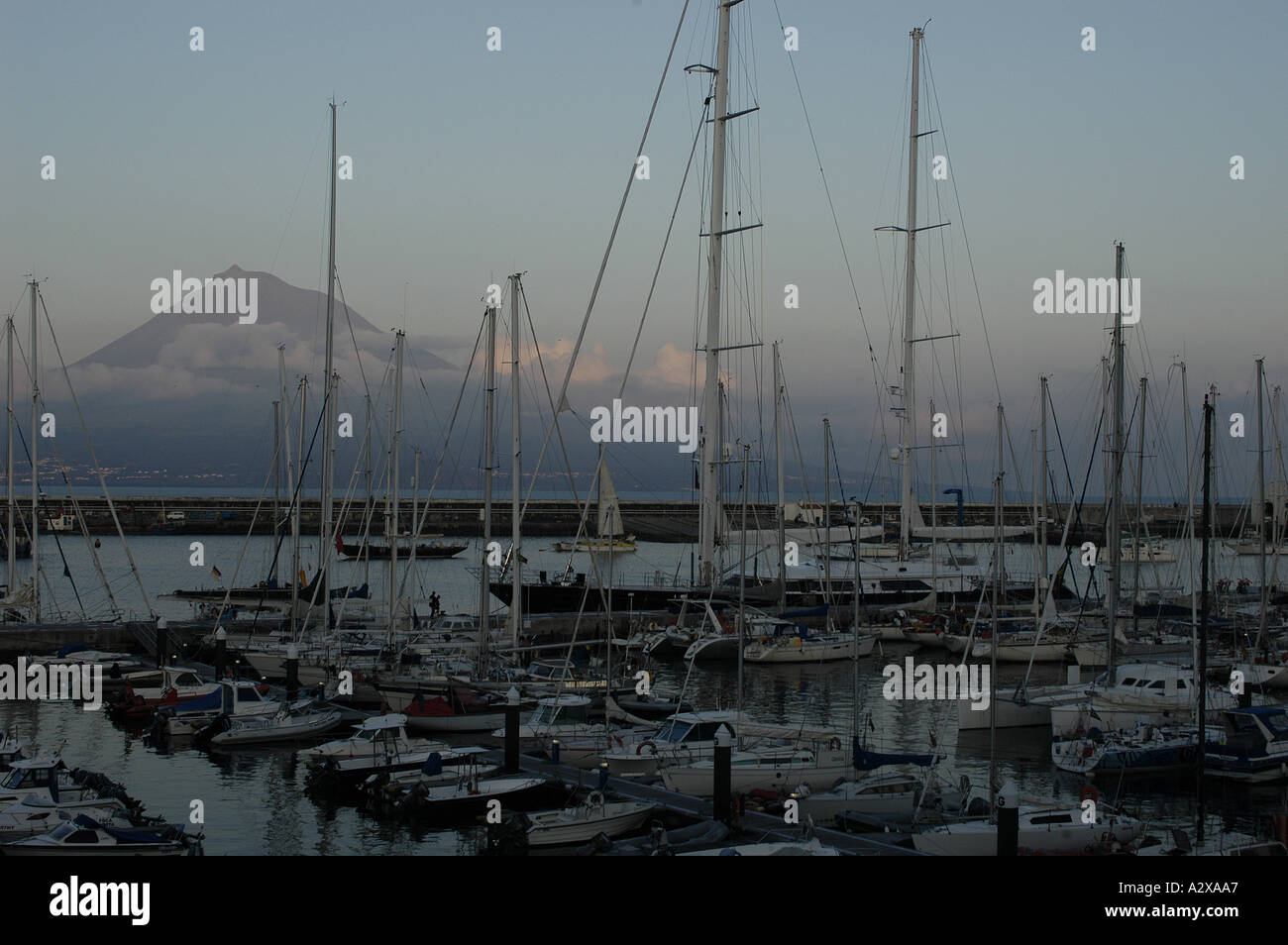 View of Horta village town harbour and marina Faial Island Azores ...