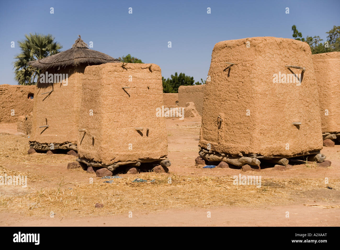 Adobe granaries in a small village in the Niger inland delta near Mopti ...