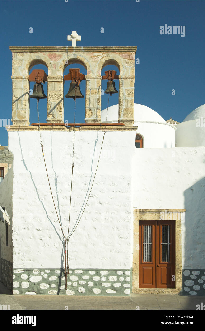 The bell tower of one of the churches in Scala Patmos Greece Stock ...