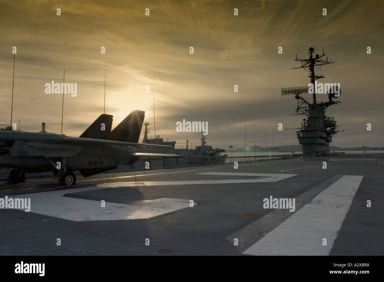 Jet sits on runway aboard USS Hornet, Alameda, California Stock Photo ...