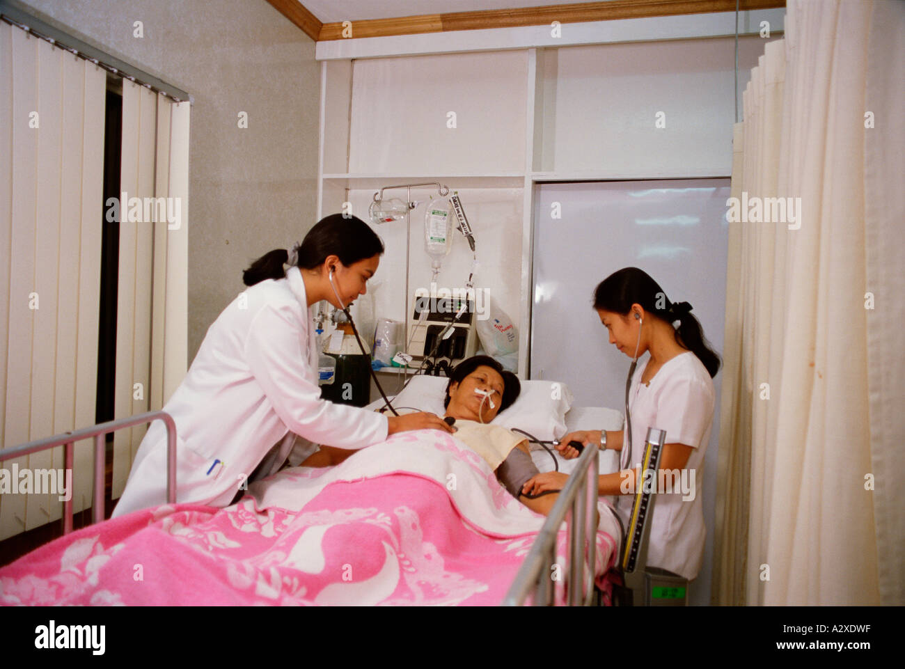 Medical Hospital Intensive care. Female doctor treating woman in bed ...