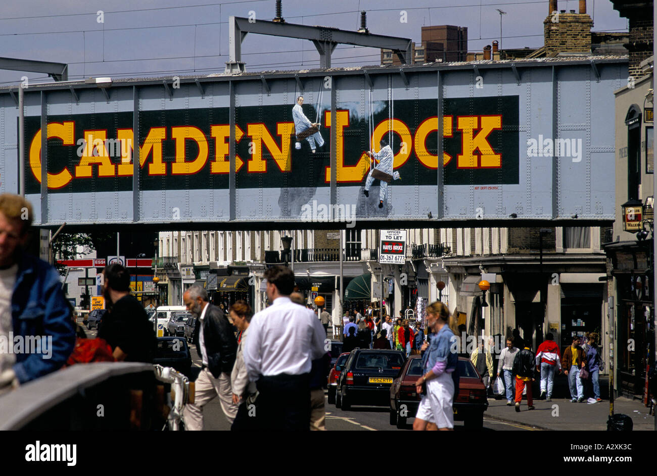 crowd of camden market rail bridge at camden lock london 1992 Stock ...