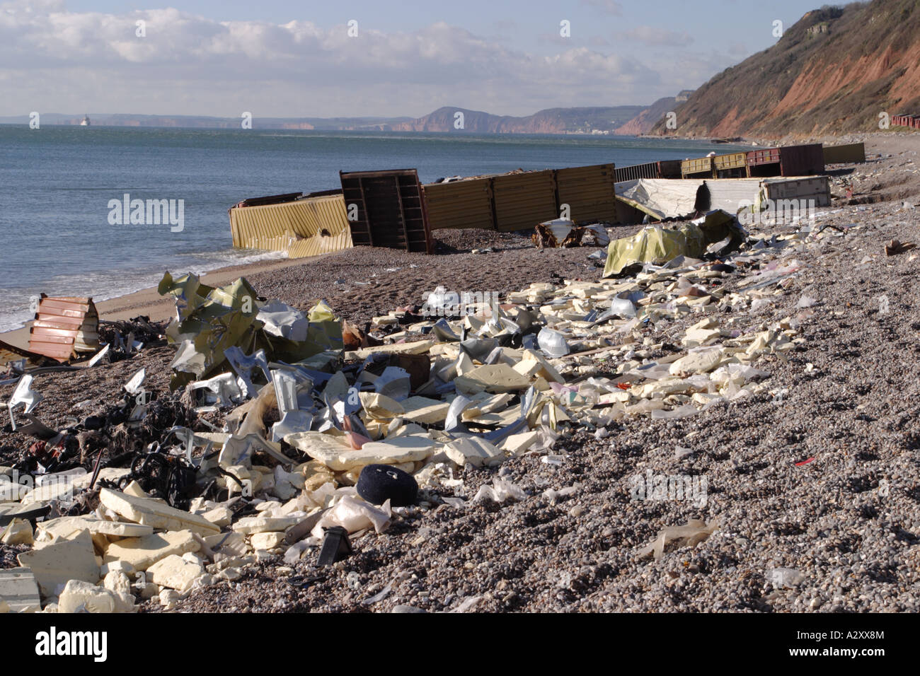 Wreckage and smashed containers washed up from the ship MSC Napoli ...