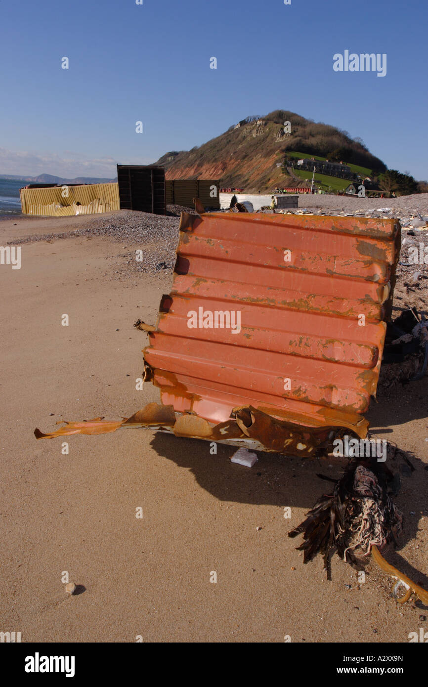 Branscombe Beach Devon UK wrecked shipping containers pollute the beach ...