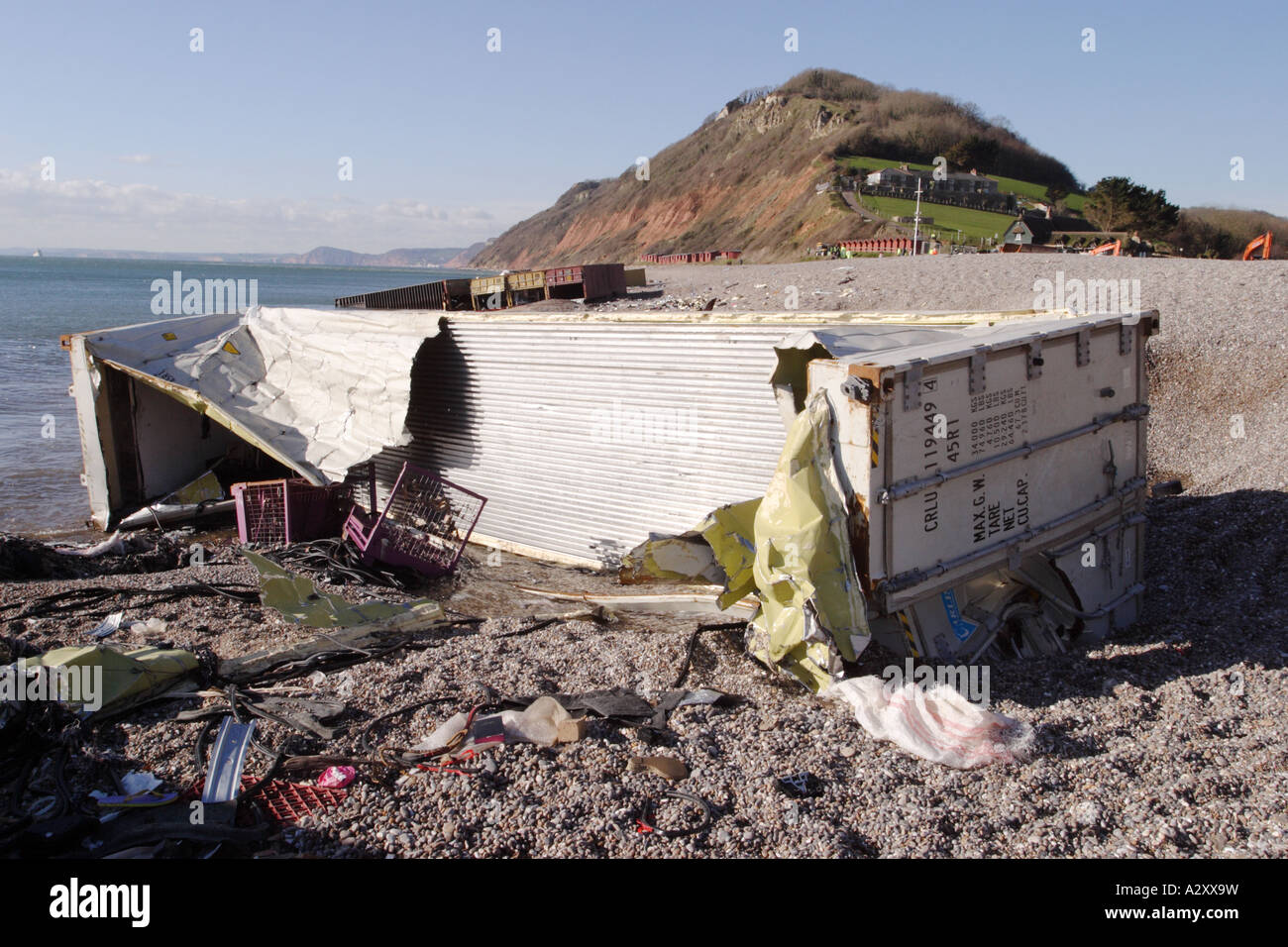 Branscombe Beach Devon UK wrecked shipping containers pollute the beach ...