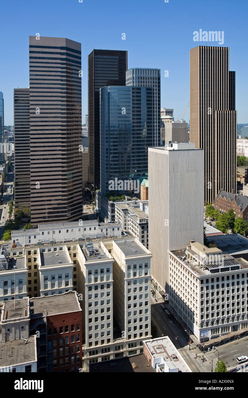 Older buildings dwarfed by modern skyscrapers Seattle city center USA ...