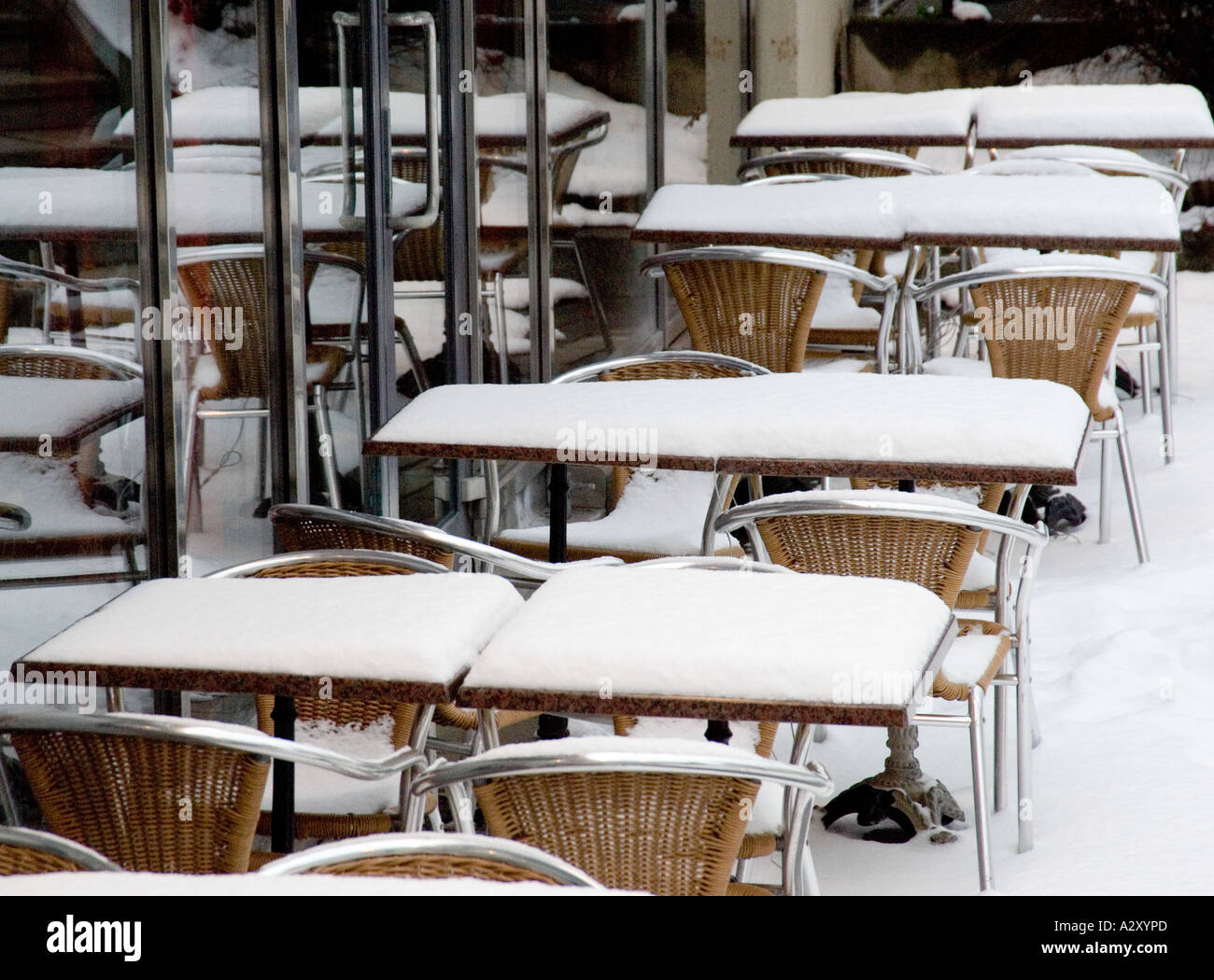Snow-covered outdoor cafe tables in Oslo, Norway, Christmas and New ...
