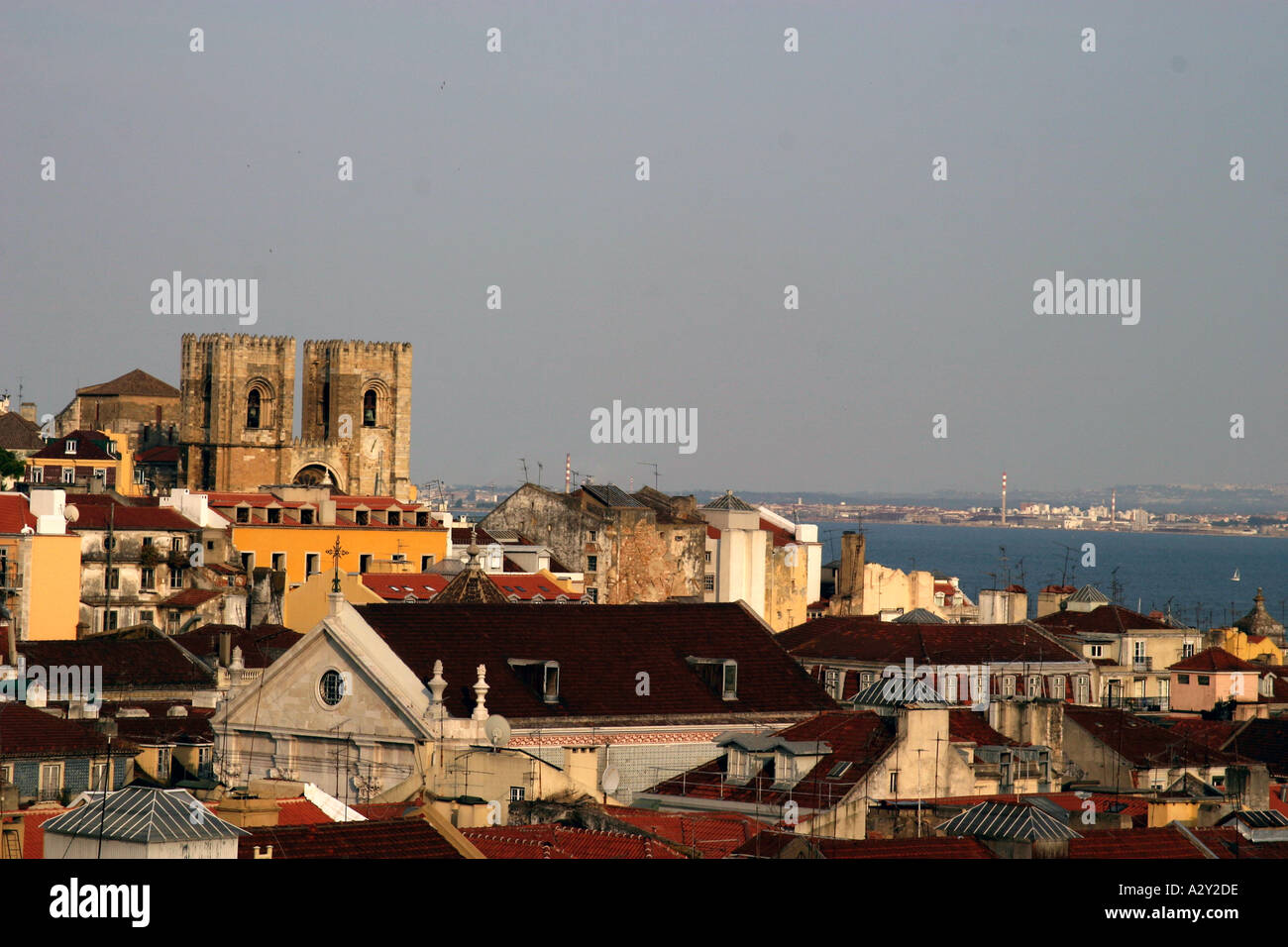 Portugal Lisbon Bird's Eye View Red Rooftops Lisboa Scene Sea Stock ...