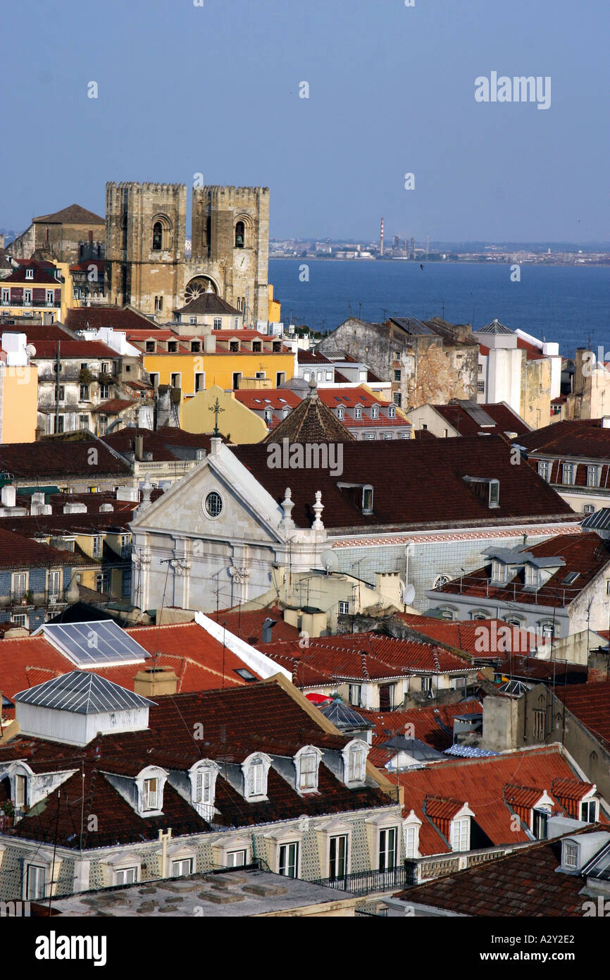 Portugal Lisbon Bird's Eye View Red Rooftops Lisboa Scene Sea Stock ...