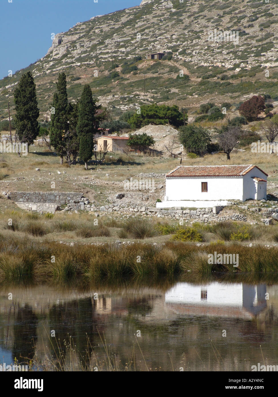 House by lake, outside Pythagoria, Samos, Greece, October 2005 Stock ...