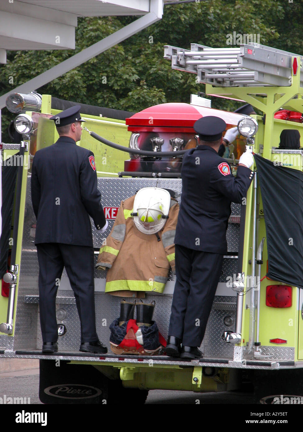 Local fire fighters and policemen attend funeral of fire chief Stock ...