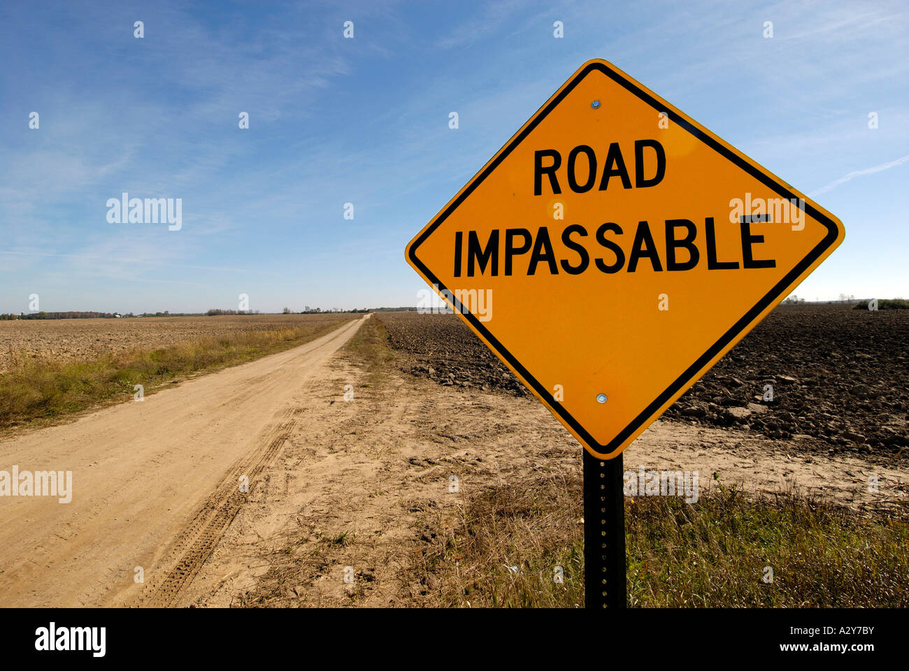 Road Impassable sign warning motorists not to travel this road Stock ...