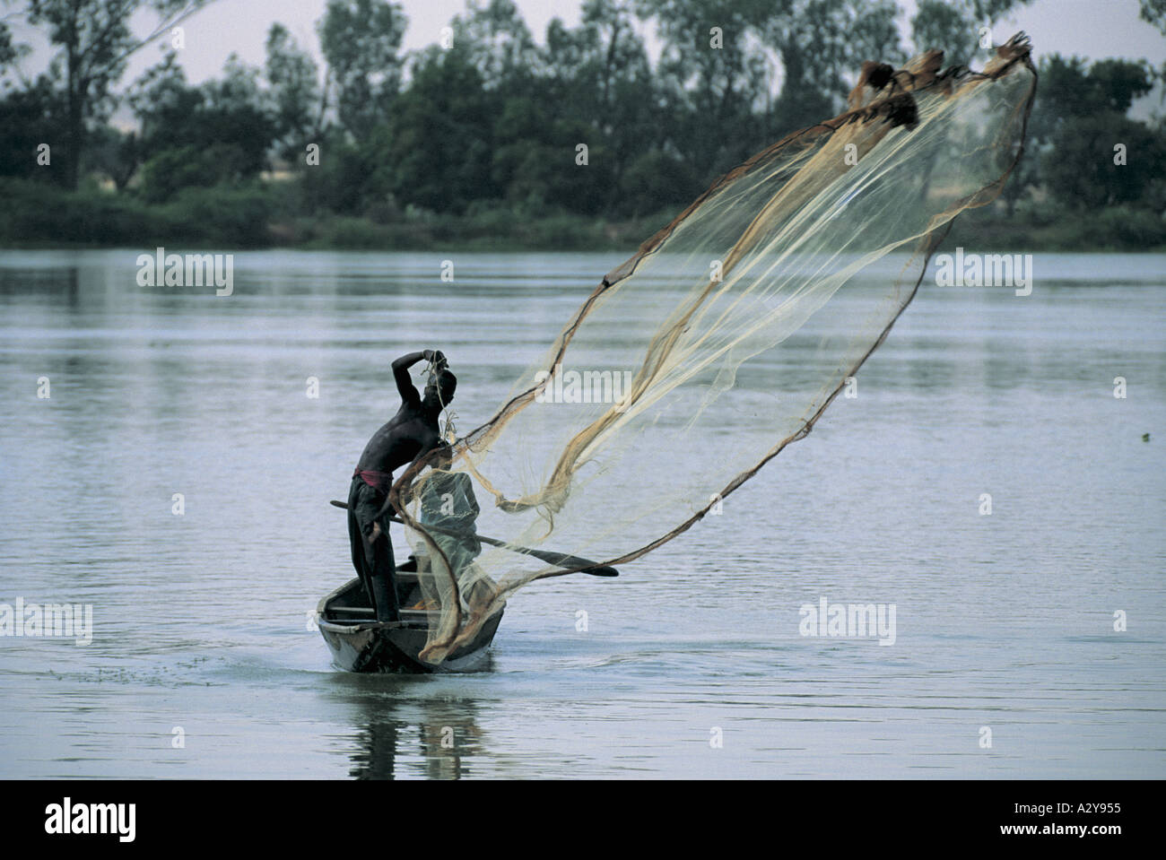 A traditional African fisherman casts his net on the River Niger Stock ...
