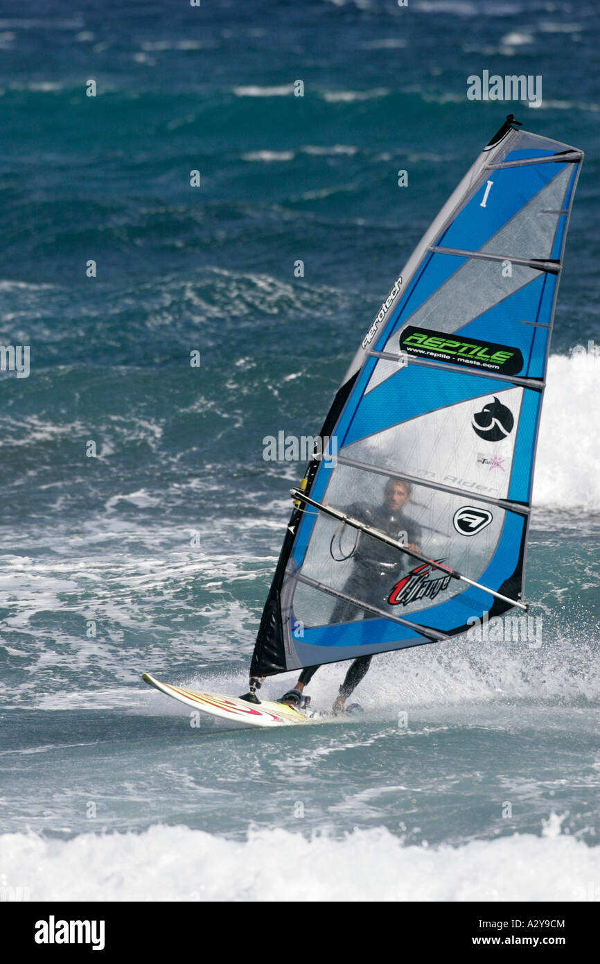 male windsurfer in wetsuit rides his board at speed in the sea off El ...