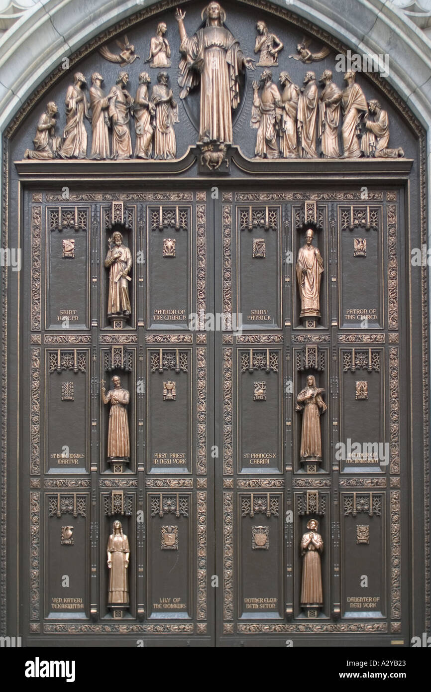 Depictions of saints on a door of St Patricks Cathedral New York USA ...