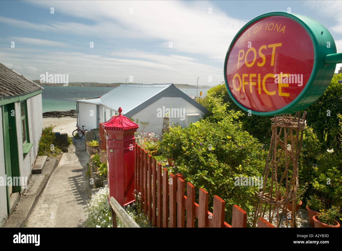 Iona Post Office sign and letter box, Isle of Iona, Scotland Stock ...