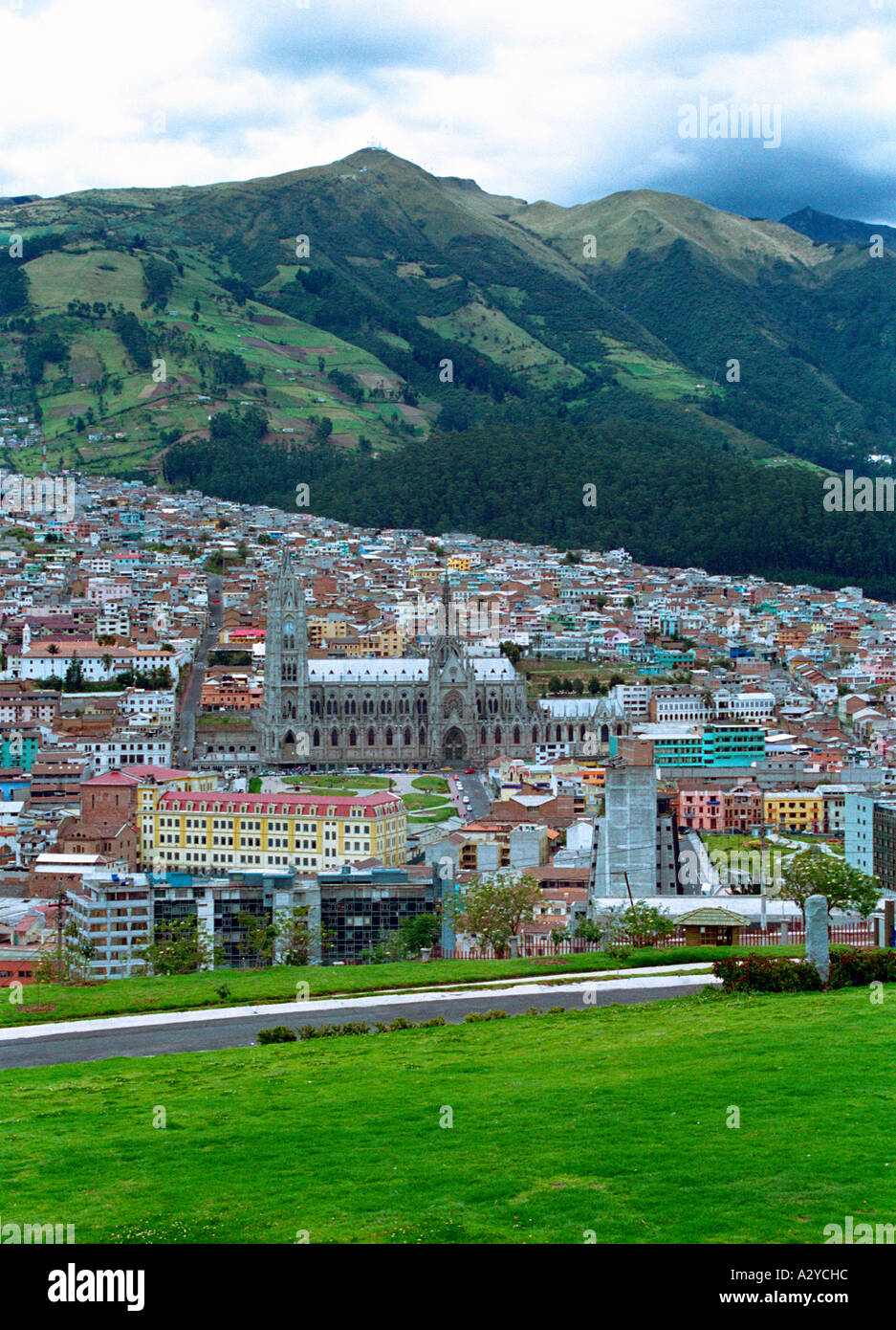 Quito cityscape, portrait, church in centre Stock Photo - Alamy