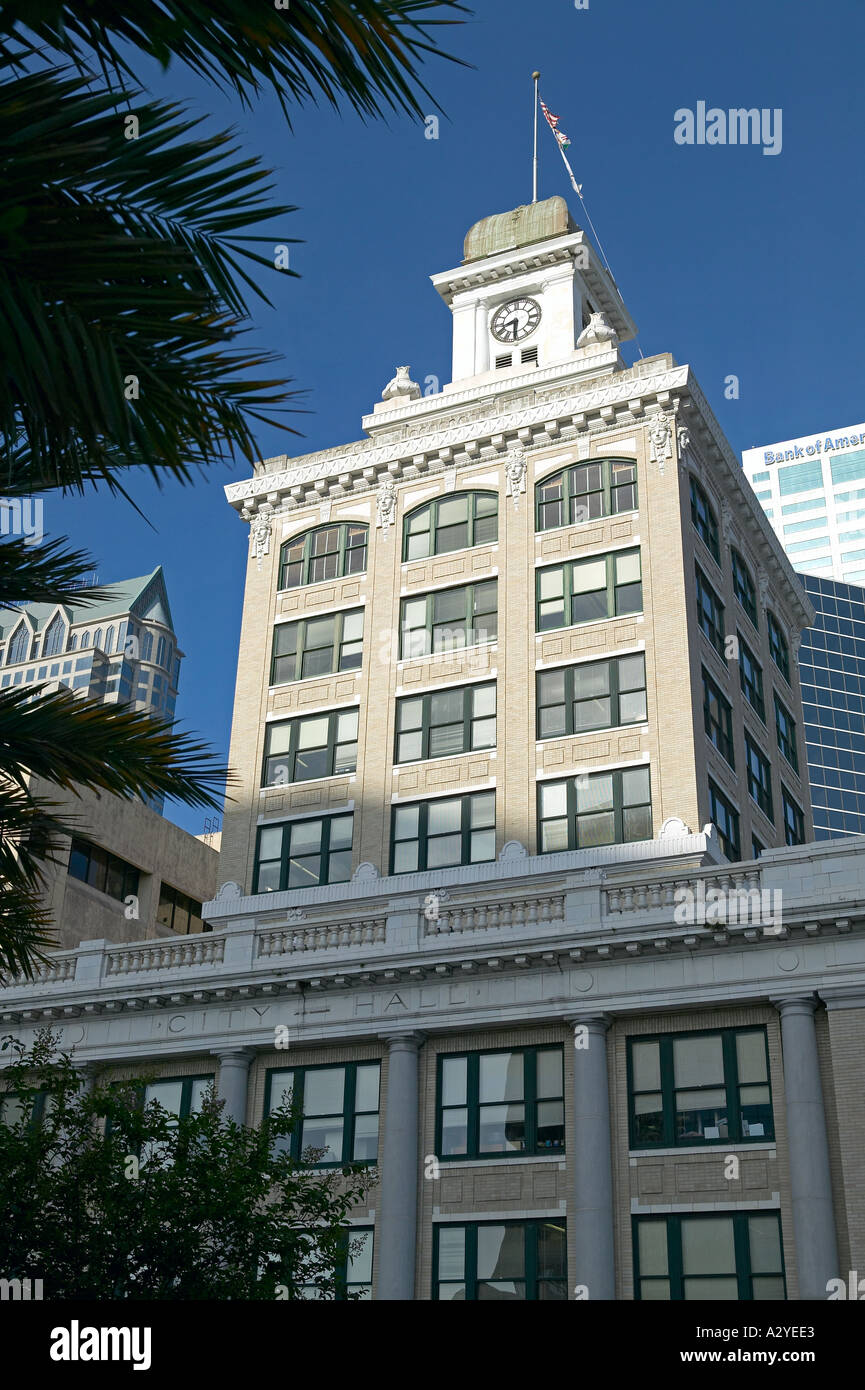 Tampa City Hall building with blue sky and palm limbs framing upper ...