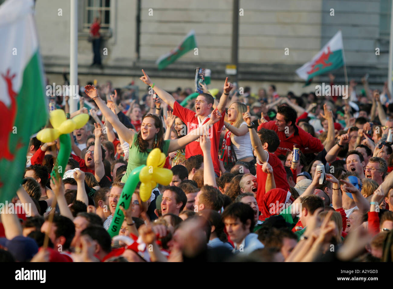 Fans Celebrating after Wales Win the Rugby Grand Slam 2005 City Hall ...