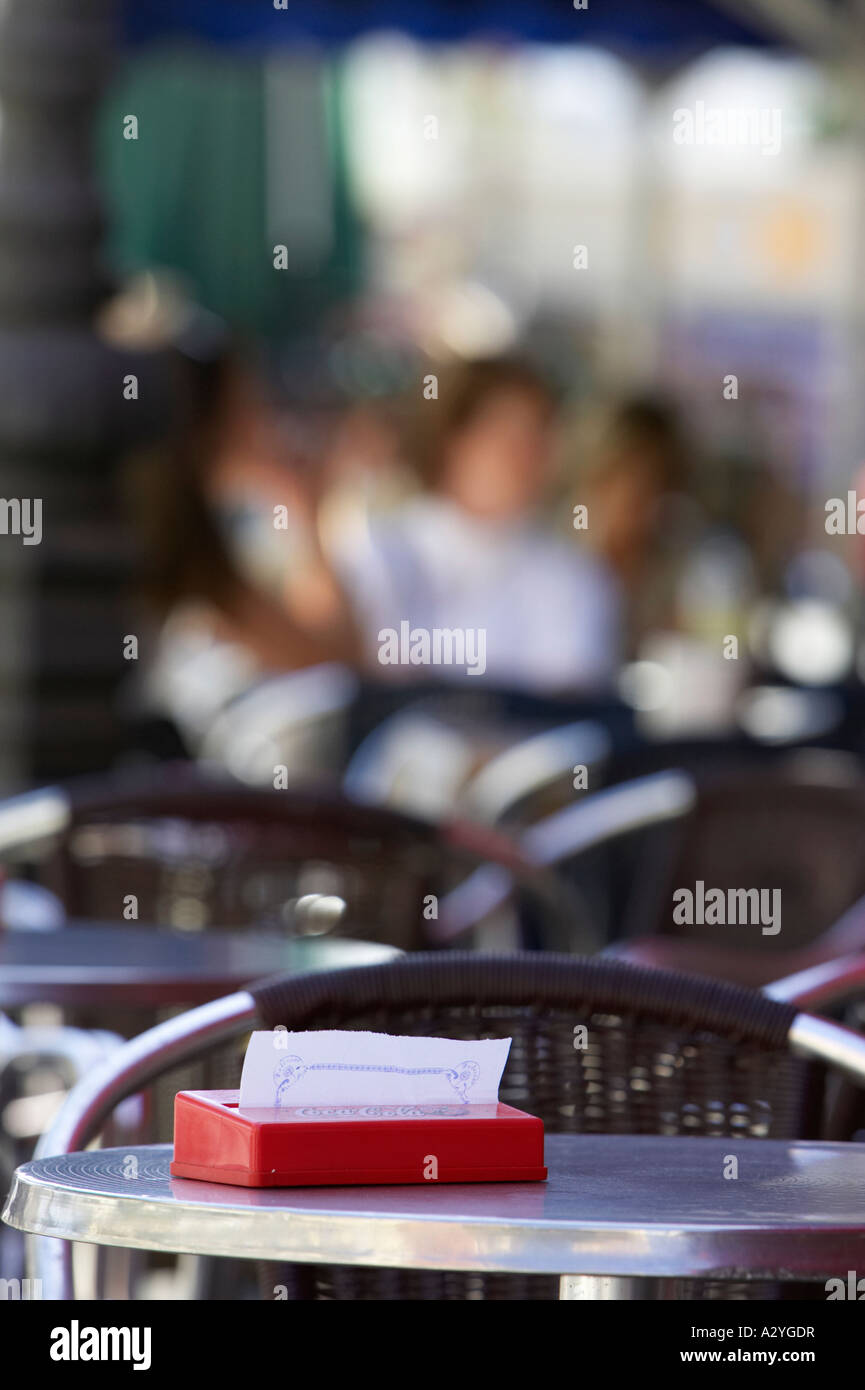 tissue container sitting on steel table in street cafe Tenerife Canary ...