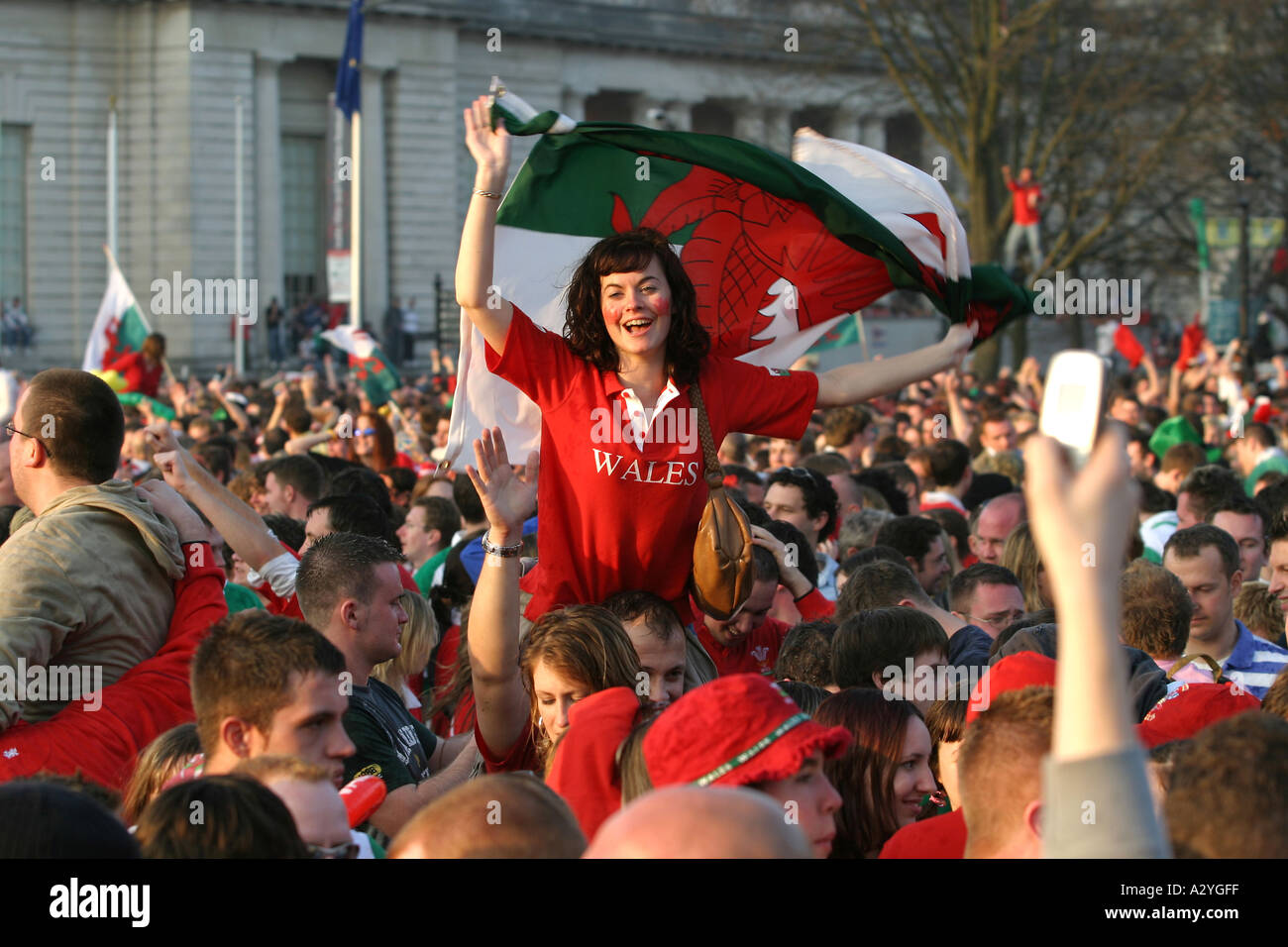 Fans Celebrating after Wales Win the Rugby Grand Slam 2005 City Hall ...