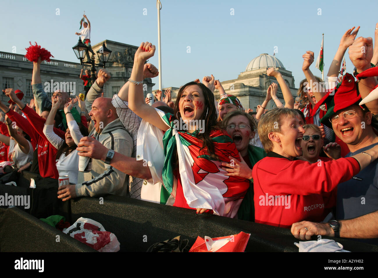 Fans Celebrating as Wales Win the Rugby Grand Slam 2005 City Hall ...