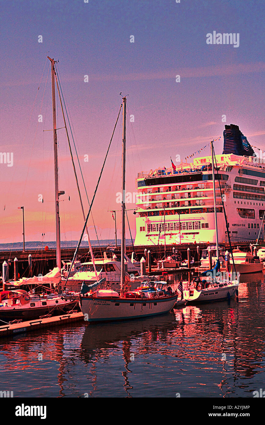 Image of a Seattle Harbor with multiple kinds of sailing ships in port ...