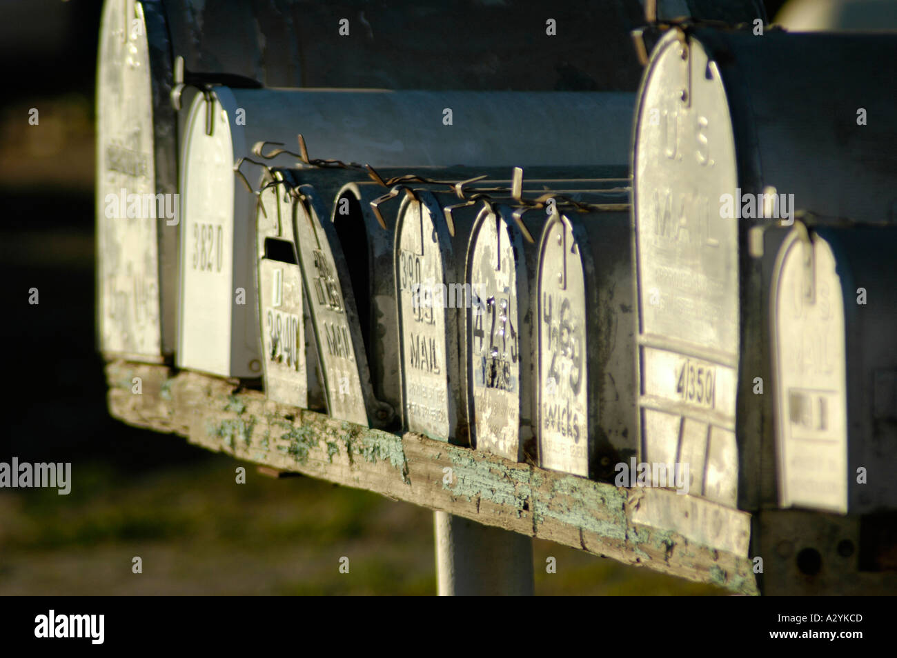 Row of Mail boxes on rural route in farm land of central California ...