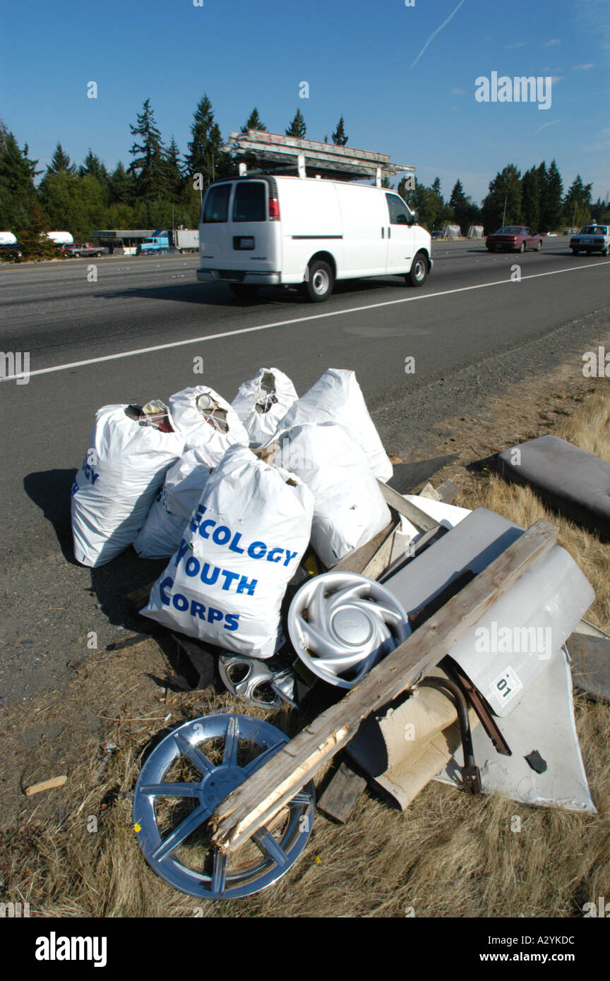 Trash pickup on Interstate highway of litter in Seattle WA by Ecology ...