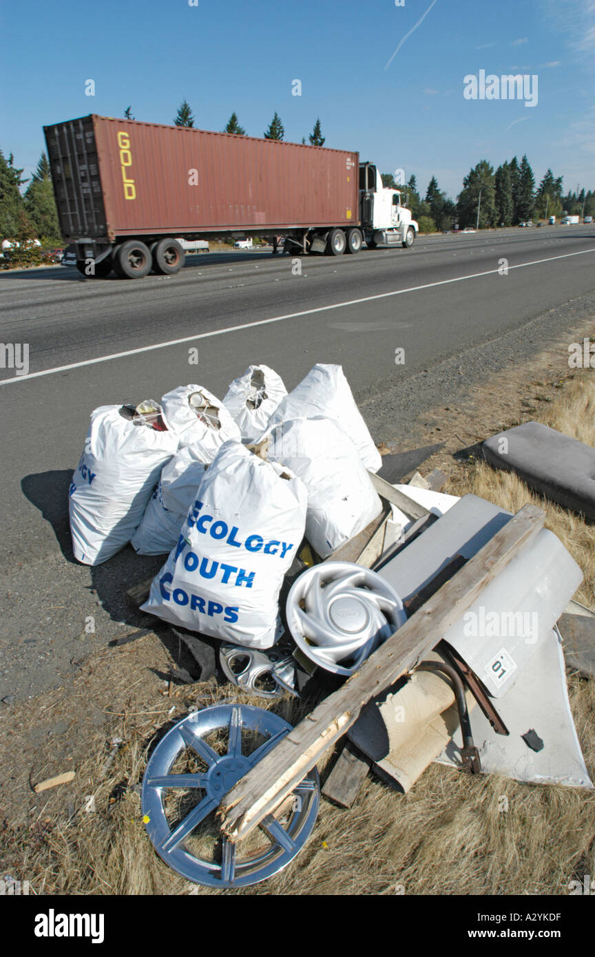 Trash pickup on Interstate highway of litter in Seattle WA by Ecology ...