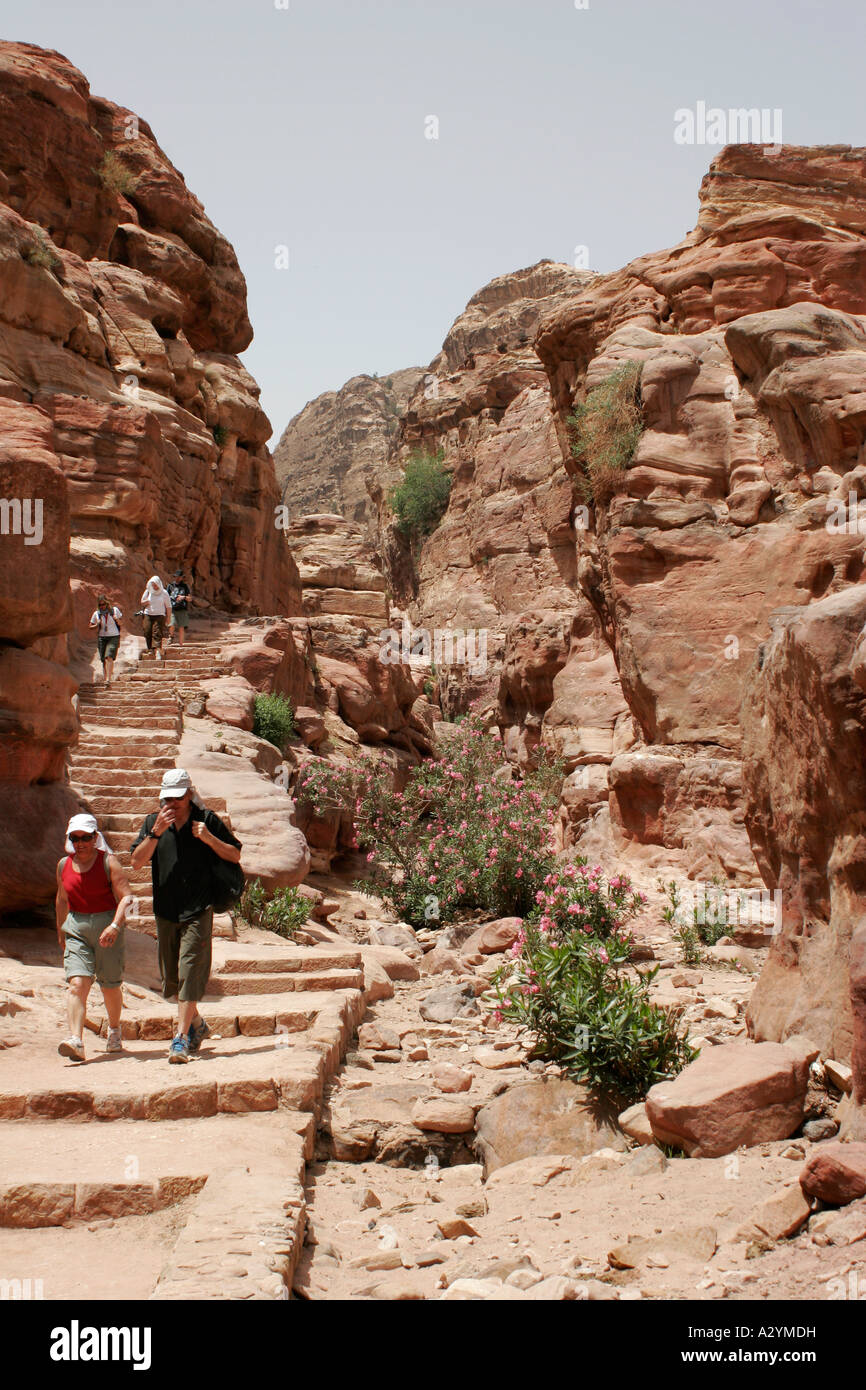 Tourists hiking the mountain path to the El Deir Monastery, Petra ...