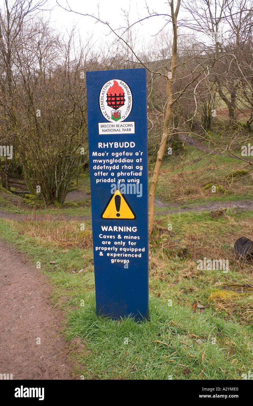 Warning sign at cave called Porth yr Ogof Brecon beacons national park ...