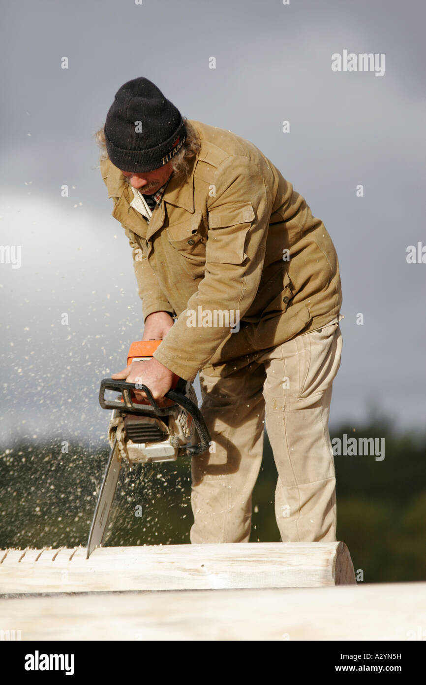 Man cutting wood with electric power saw Stock Photo - Alamy