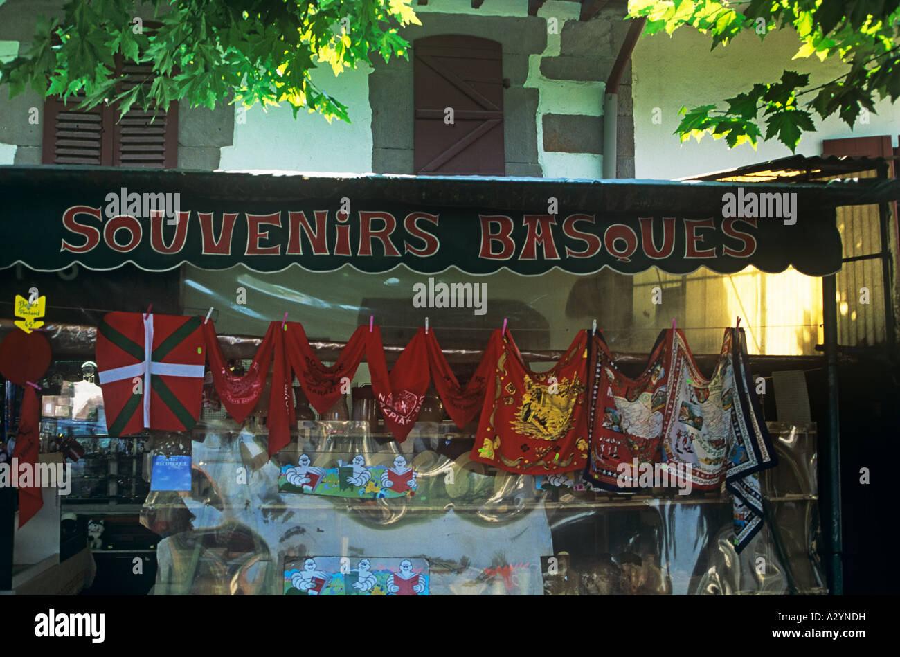 A stall of Basque souvenirs in the French Pyrenees pilgrimage village ...