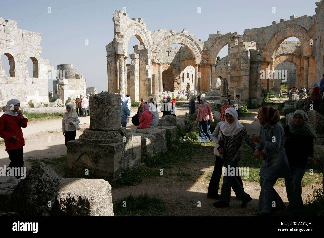 Crowd of Syrian tourists, Basilica of St Simeon, Qalaat Samaan, Syria ...