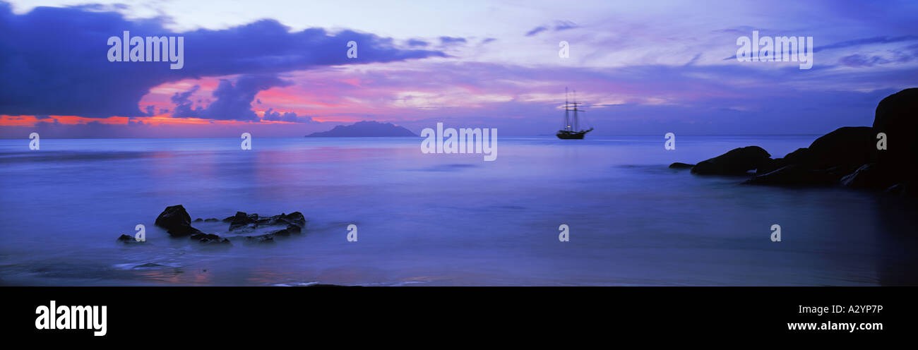 Old masted ship anchored in Indian Ocean off Mahe Island in Seychelles ...