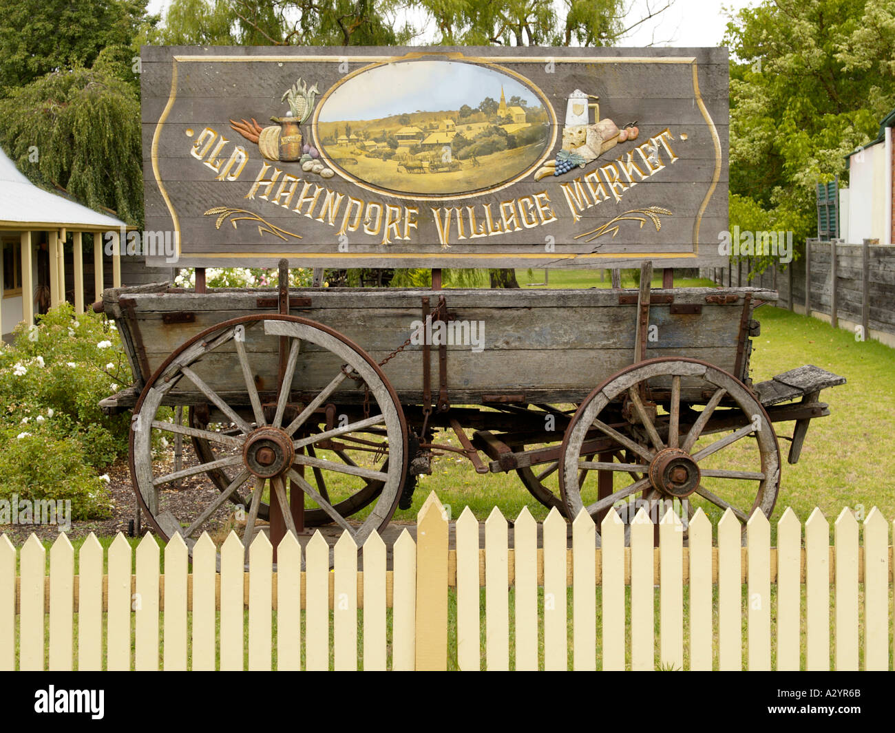 OLD FARM CART USED AS VILLAGE SIGN HAHNDORF SOUTH AUSTRALIA Stock Photo ...