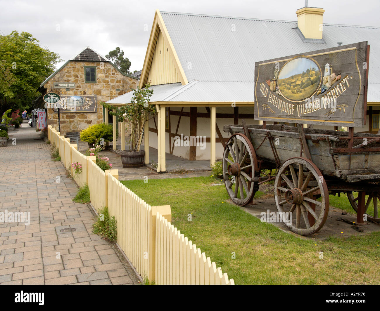 OLD FARM CART USED AS VILLAGE SIGN HAHNDORF SOUTH AUSTRALIA Stock Photo ...