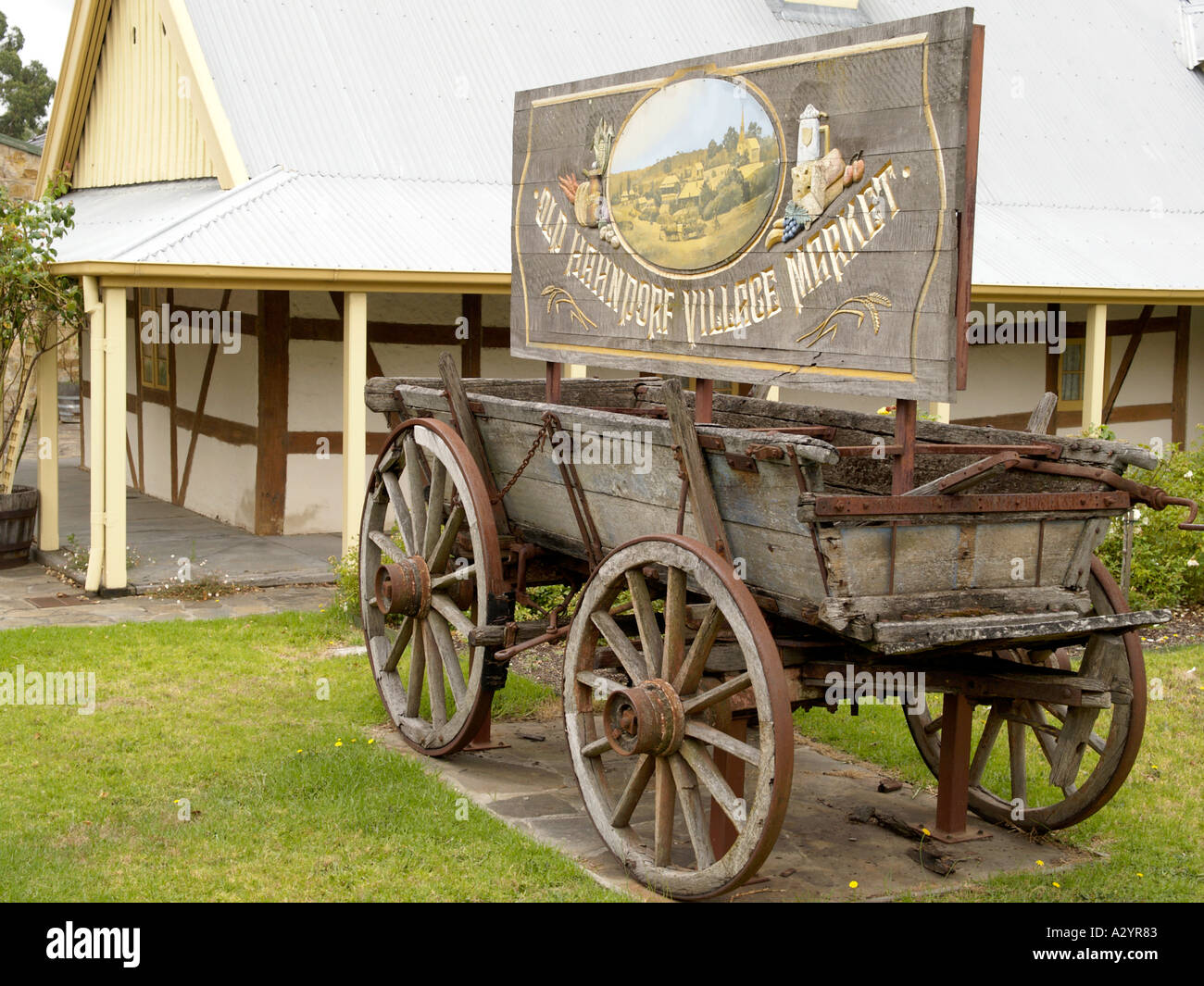 OLD FARM CART USED AS VILLAGE SIGN HAHNDORF SOUTH AUSTRALIA Stock Photo ...